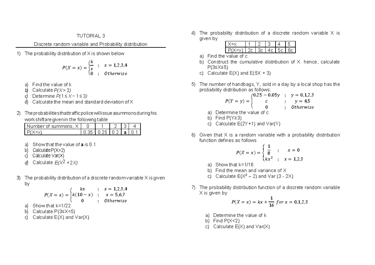 Tutorial 3: Discrete Random Variables & Probability Distributions - Studocu