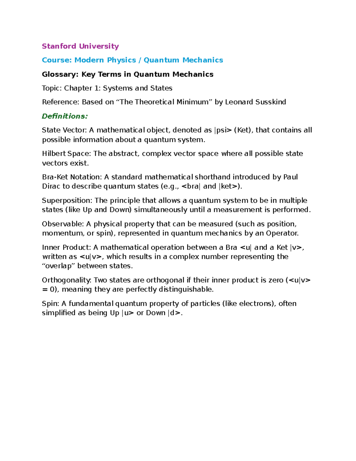 Stanford University: Modern Physics QM Ch1 Glossary of Key Terms - Studocu