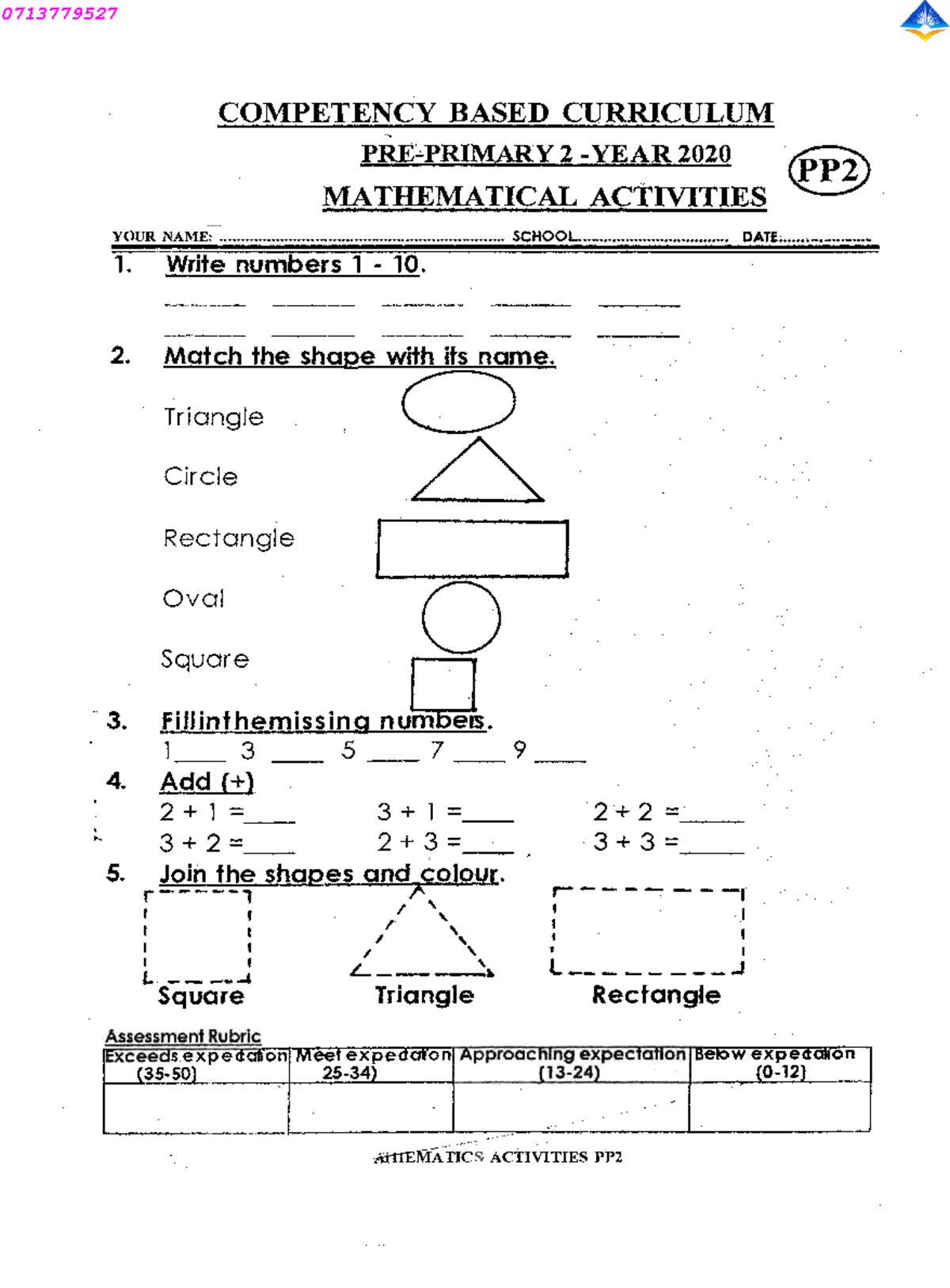 MATH-PP2: Pre-Primary 2 Mathematical Activities for 2020 - Studocu