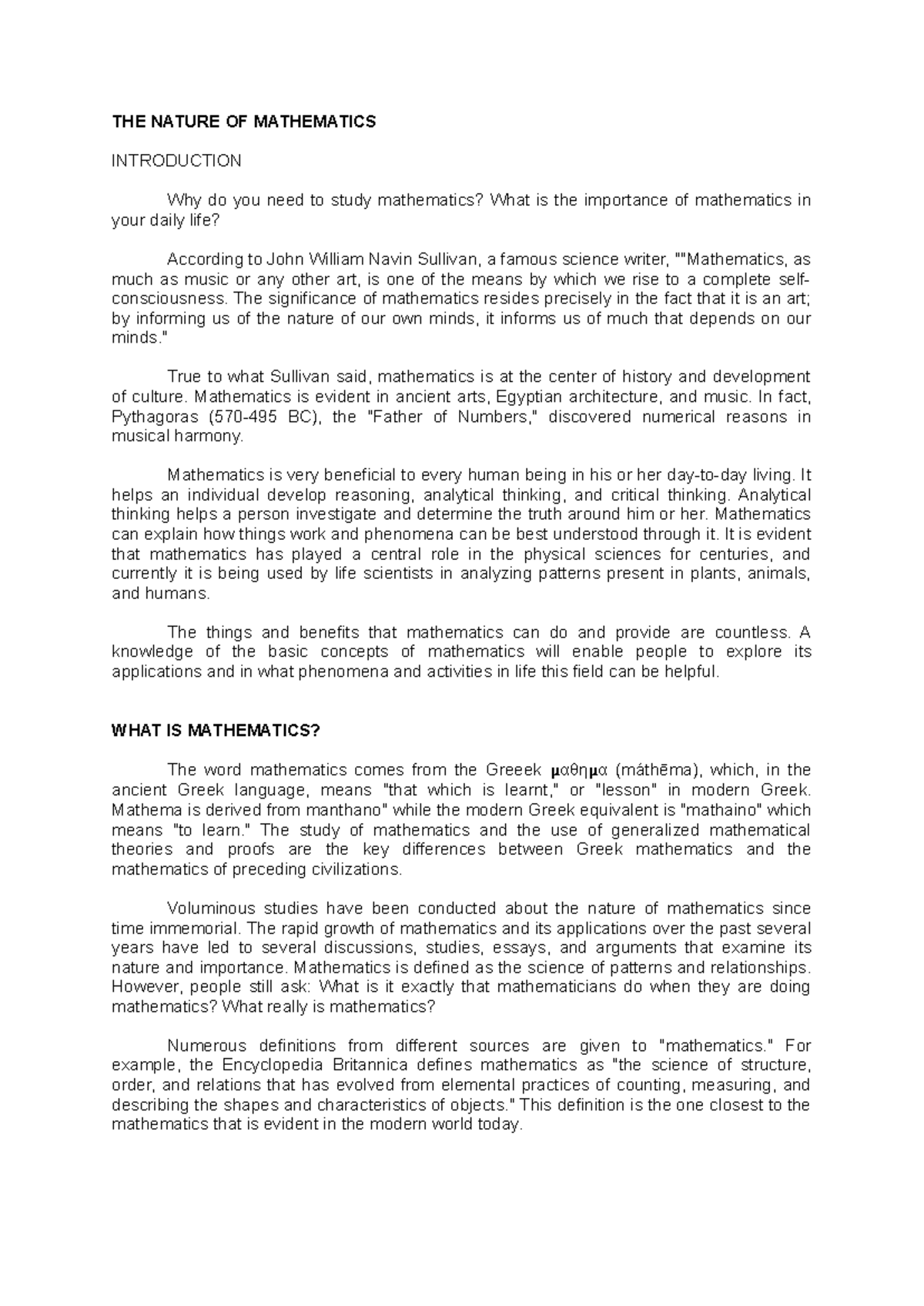 Nature of Mathematics - THE NATURE OF MATHEMATICS INTRODUCTION Why do ...