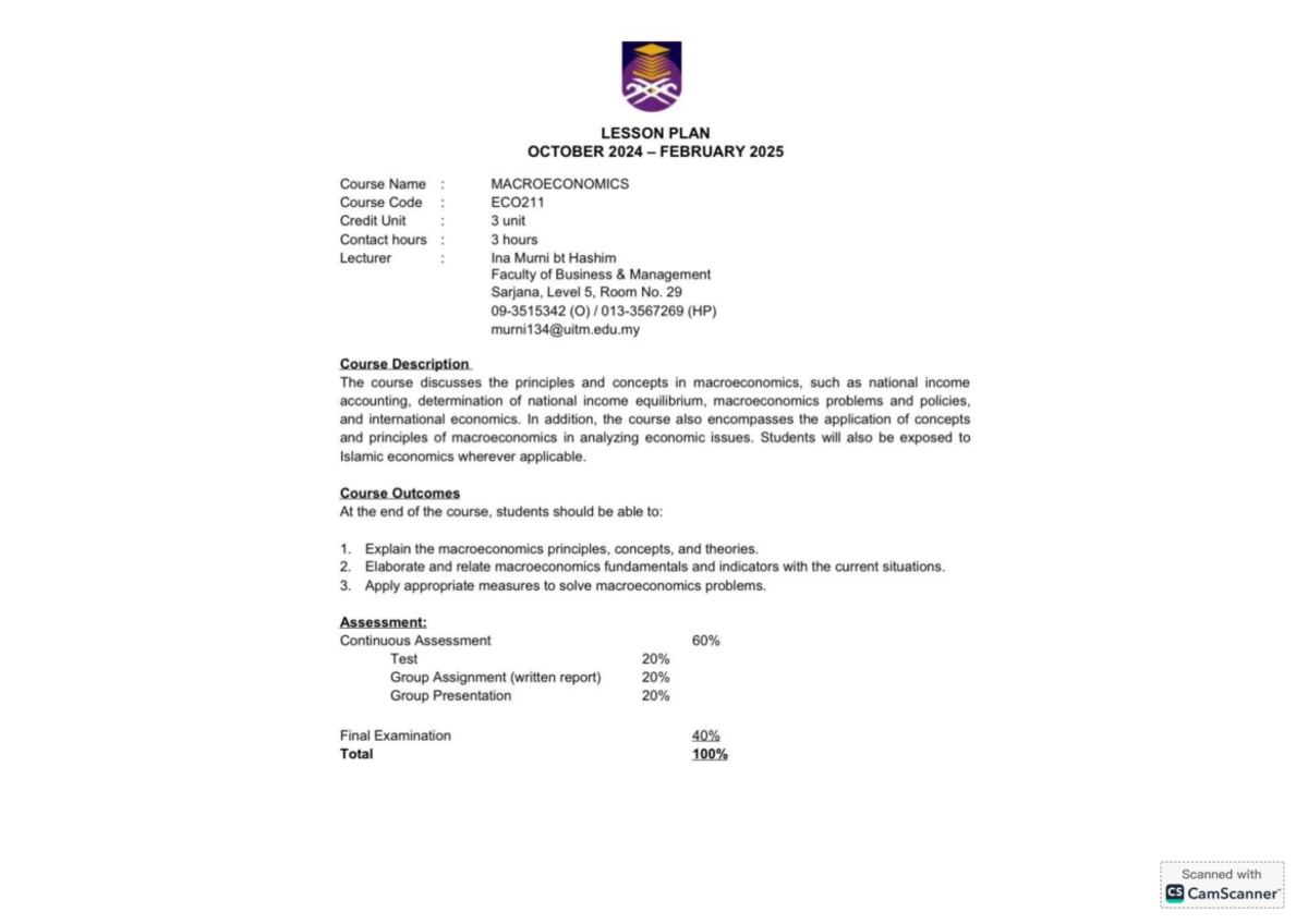 ECO211 - Macroeconomics Lesson Plan (Oct 2024 - Feb 2025) - Studocu