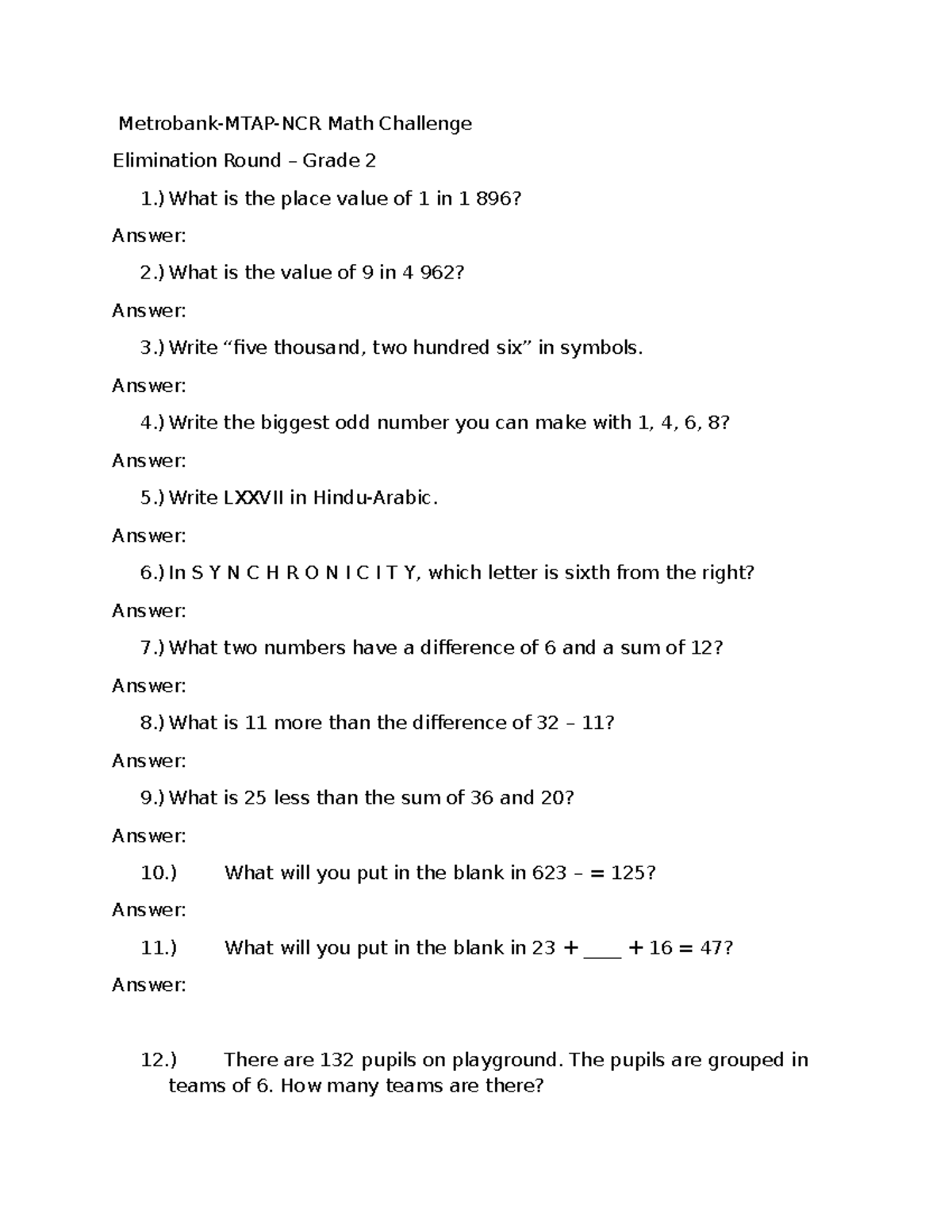 MTAP G2 Math Challenge Reviewer: Elimination Round Questions - Studocu