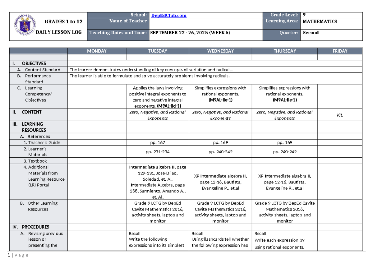 DLL MATH 9 Q2 W5: Daily Lesson Log on Exponents and Radicals - Studocu