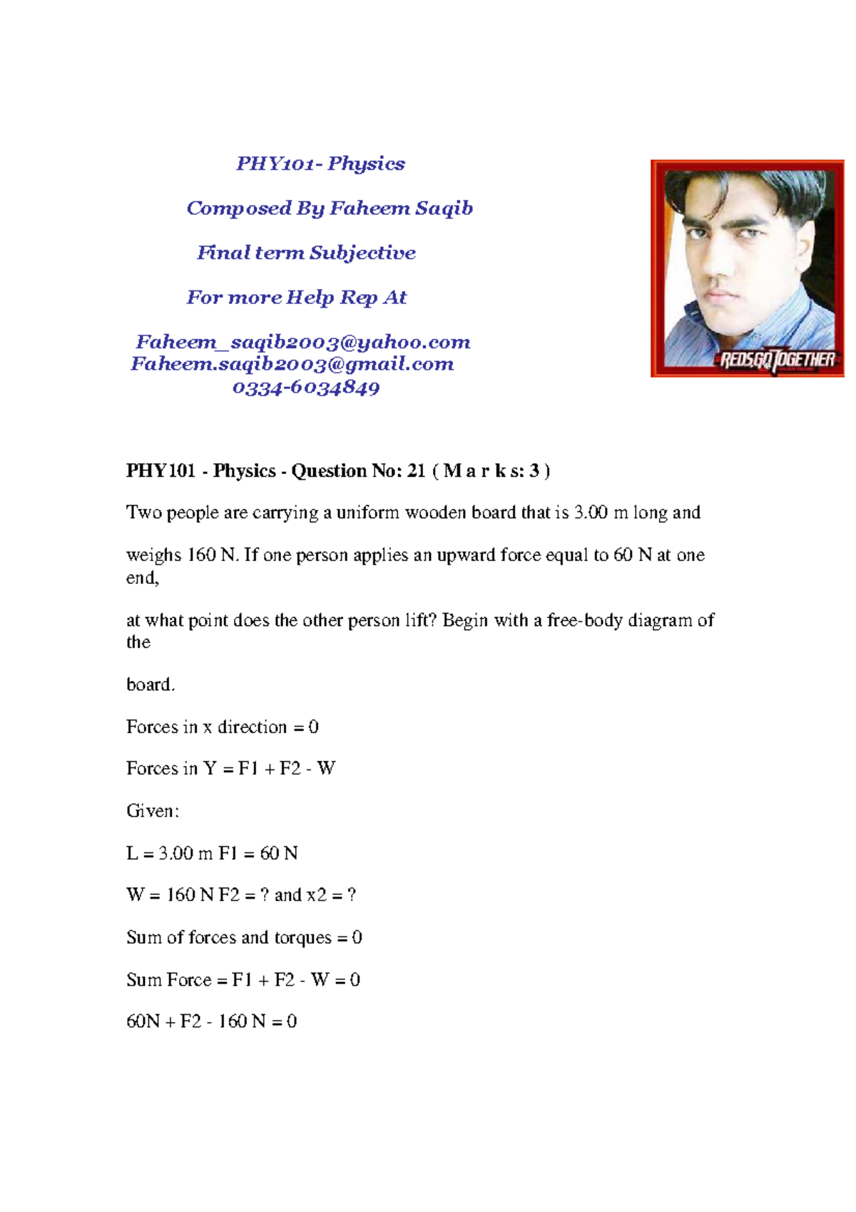 PHY101 Physics Final Term Subjective Questions and Solutions - Studocu