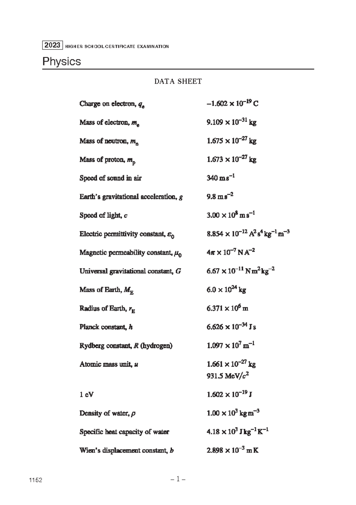 HSC Physics Data Sheets - PHY 2024 - – 1 – 2023 HIGHER SCHOOL ...