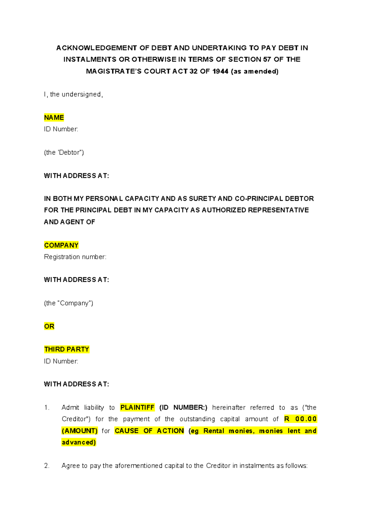 Acknowledgment of Debt Agreement - Section 57 of Court Act 32/1944 ...