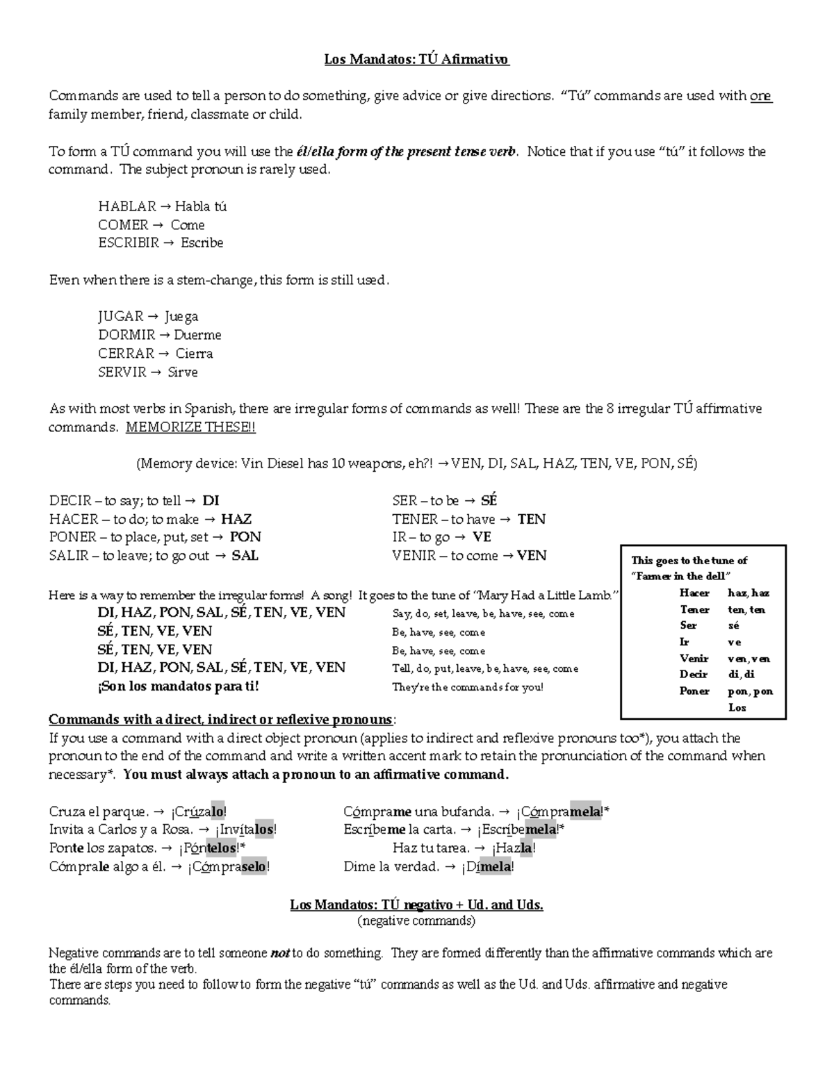 Spanish Commands Notes: TÚ Afirmativo & Negativo Commands - Studocu