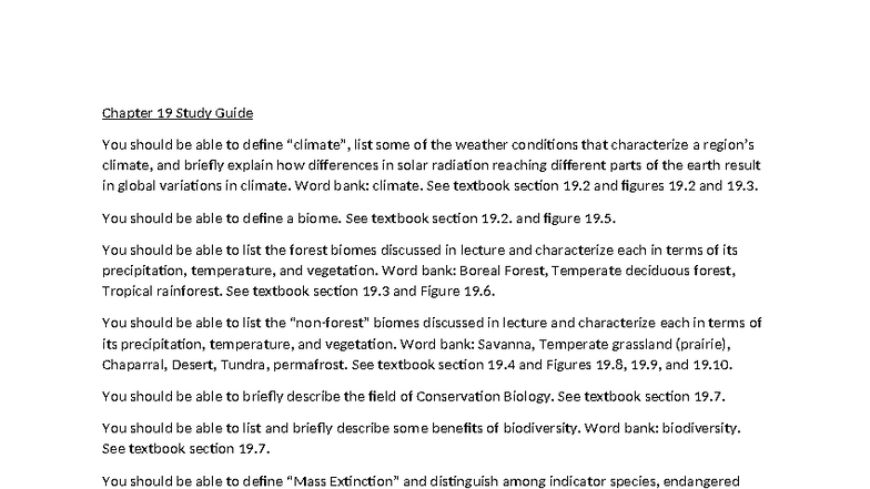 Chapter 19 Study Guide: Climate, Biomes & Conservation Biology - Studocu