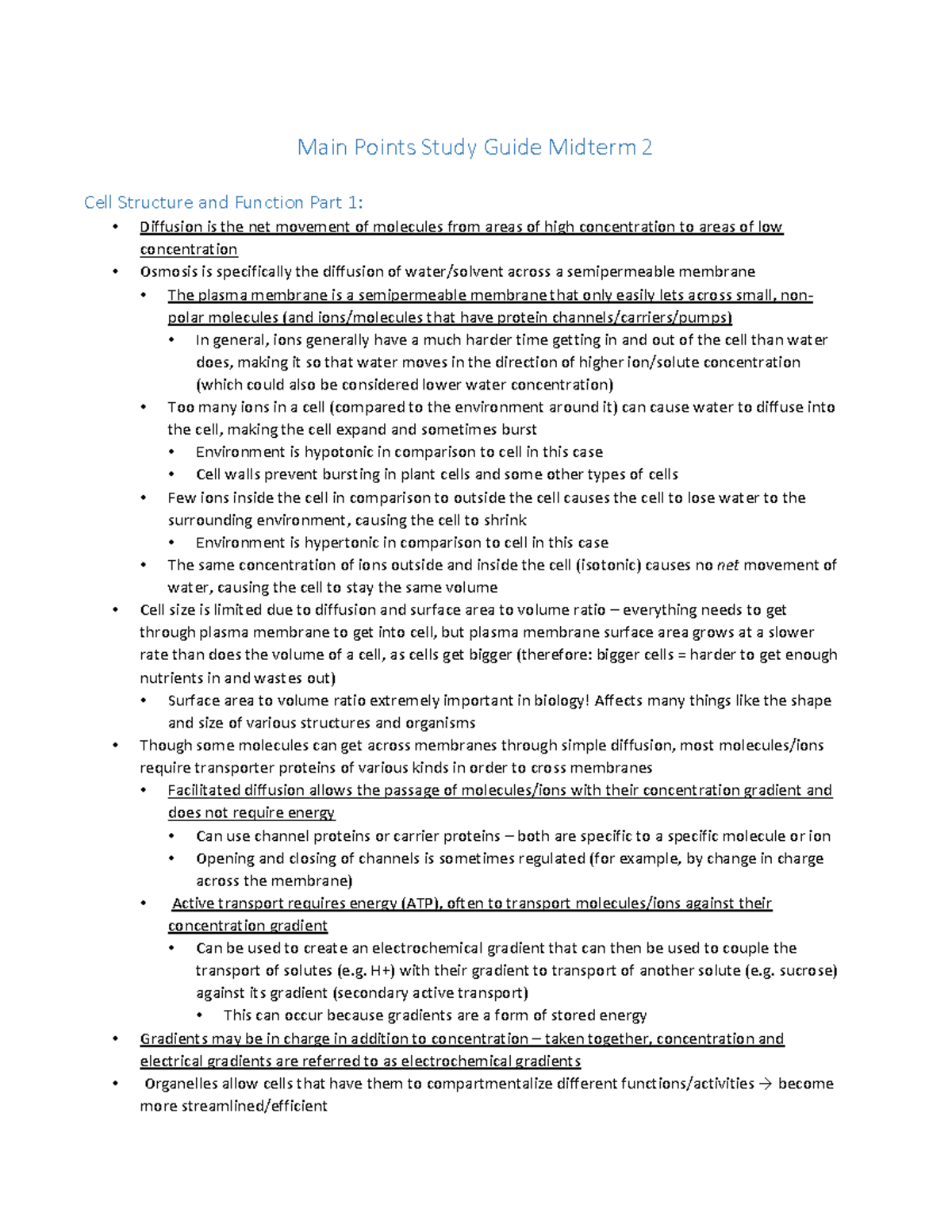 Main Points Study Guide: Cell Structure, Function, Energetics ...