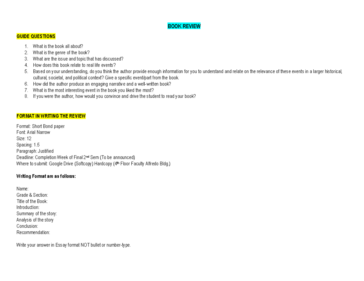 BOOK REVIEW GUIDE QUESTIONS & RUBRICS (ENG 101) - Studocu