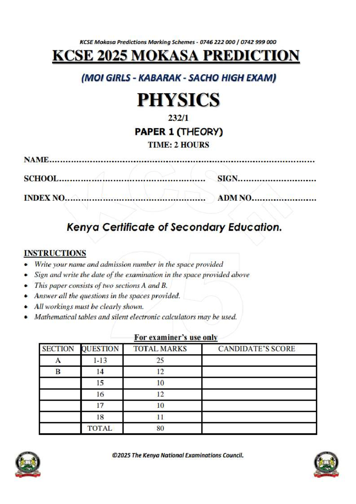 Mokasa 2025 KCSE Physics Paper 1 Prediction Marking Scheme 0746 0742 ...