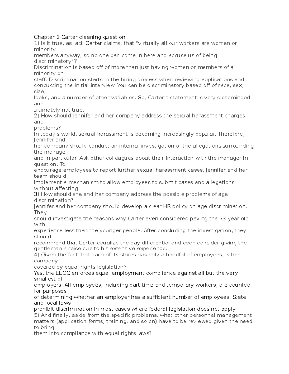 Carter Cleaning Centres Chapter 2 Questions 1-5, Chapter 4 Questions 1 ...