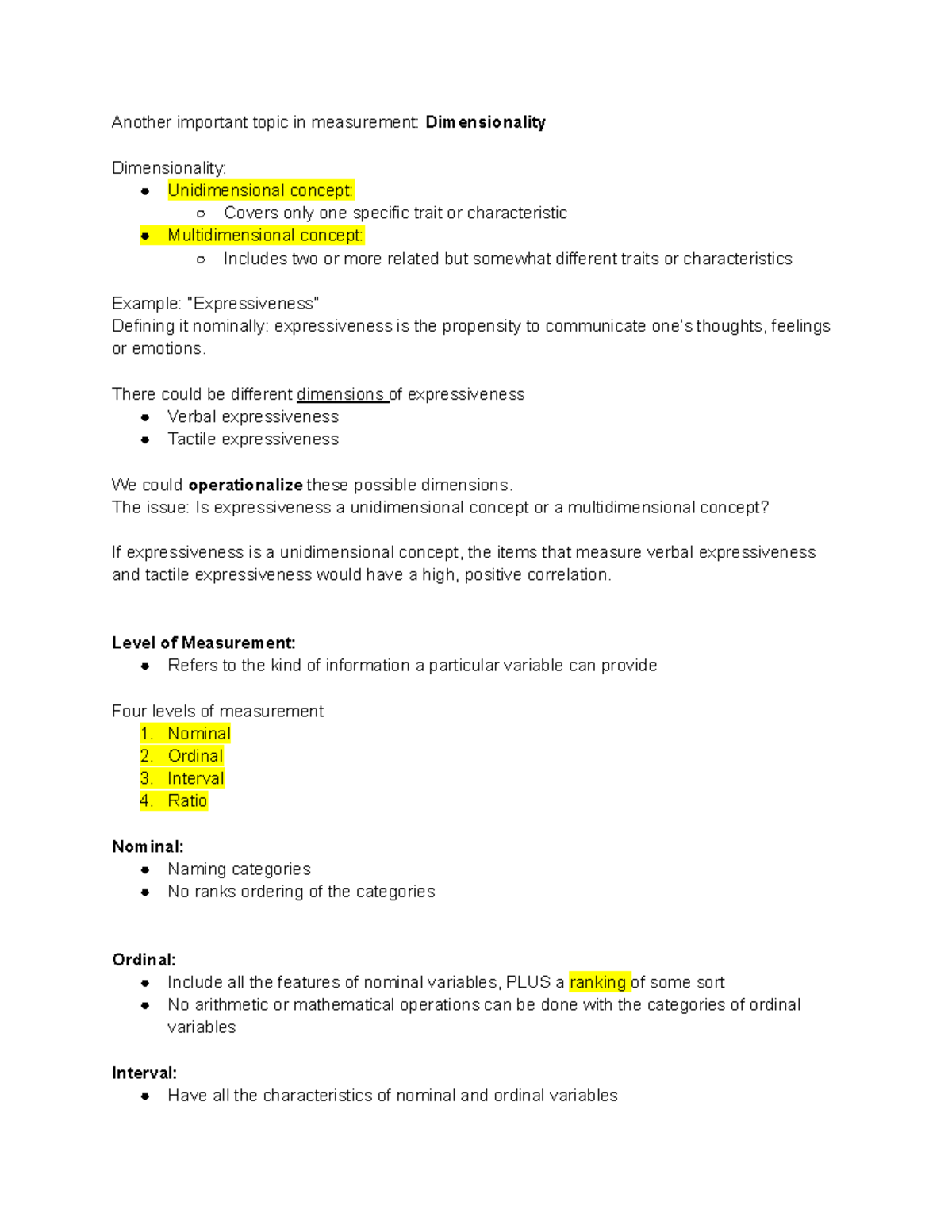PSY 101: Lecture Notes on Levels of Measurement and Dimensionality ...