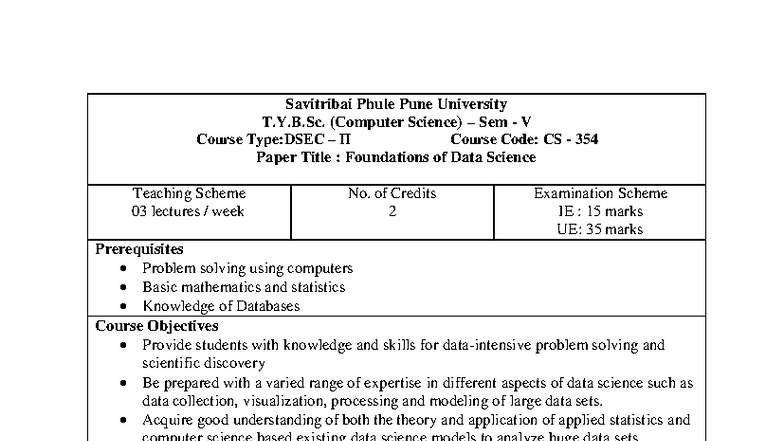 Foundations of Data Science Syllabus - CS 354 (T.Y.B.Sc. Sem V) - Studocu