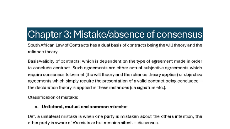 Chapter 3: Consensus in South African Contract Law - Lecture Notes ...