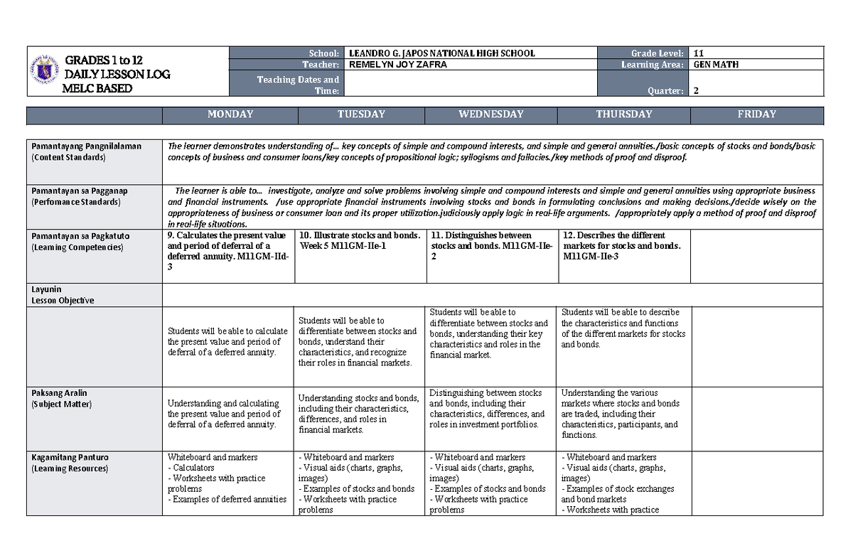 Q2 Week 3 - Daily Lesson Log (DLL) for Gen Math 11 - Studocu