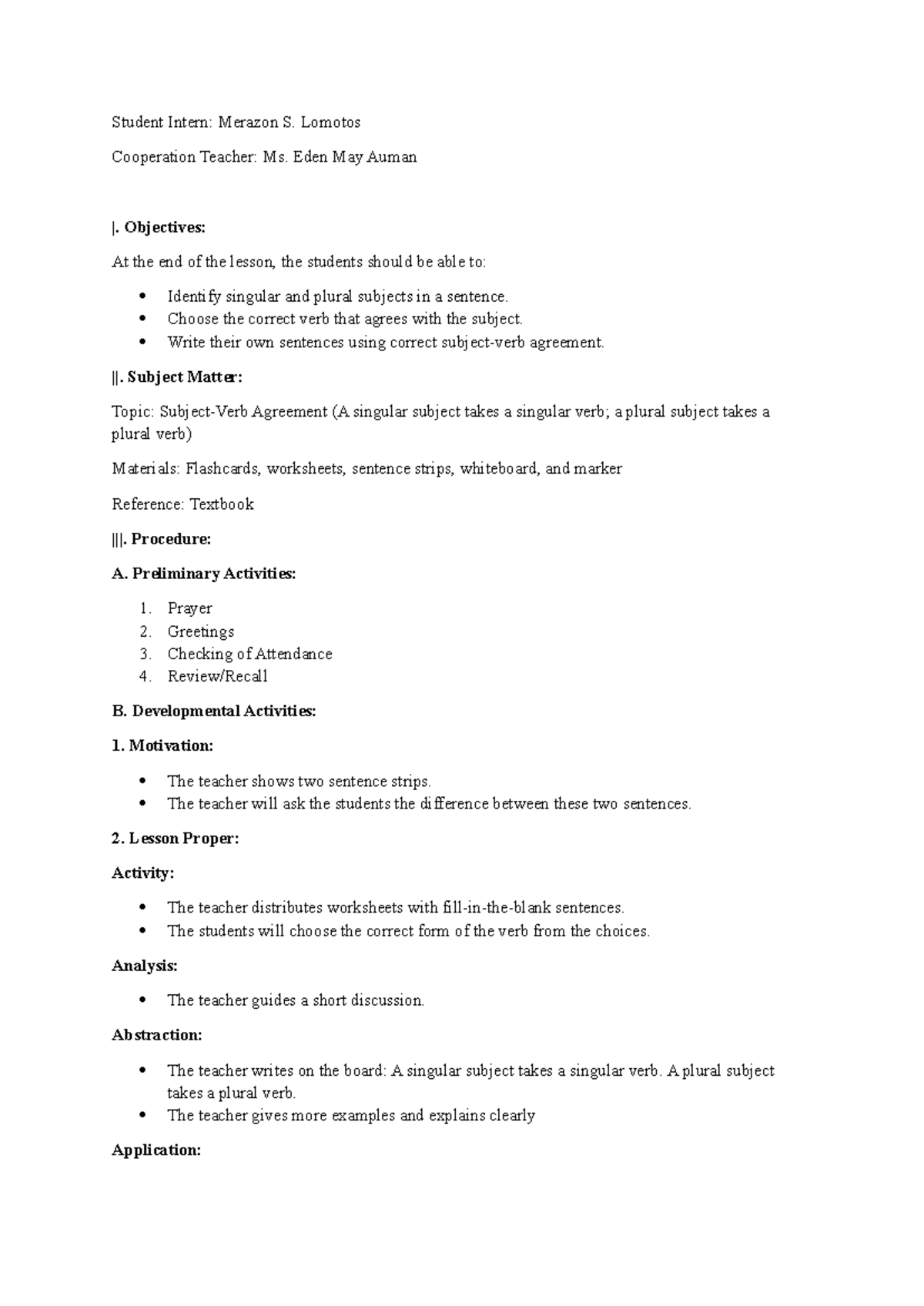 LP - Agreement in Subject-Verb: Lesson Plan by Merazon S. Lomotos - Studocu
