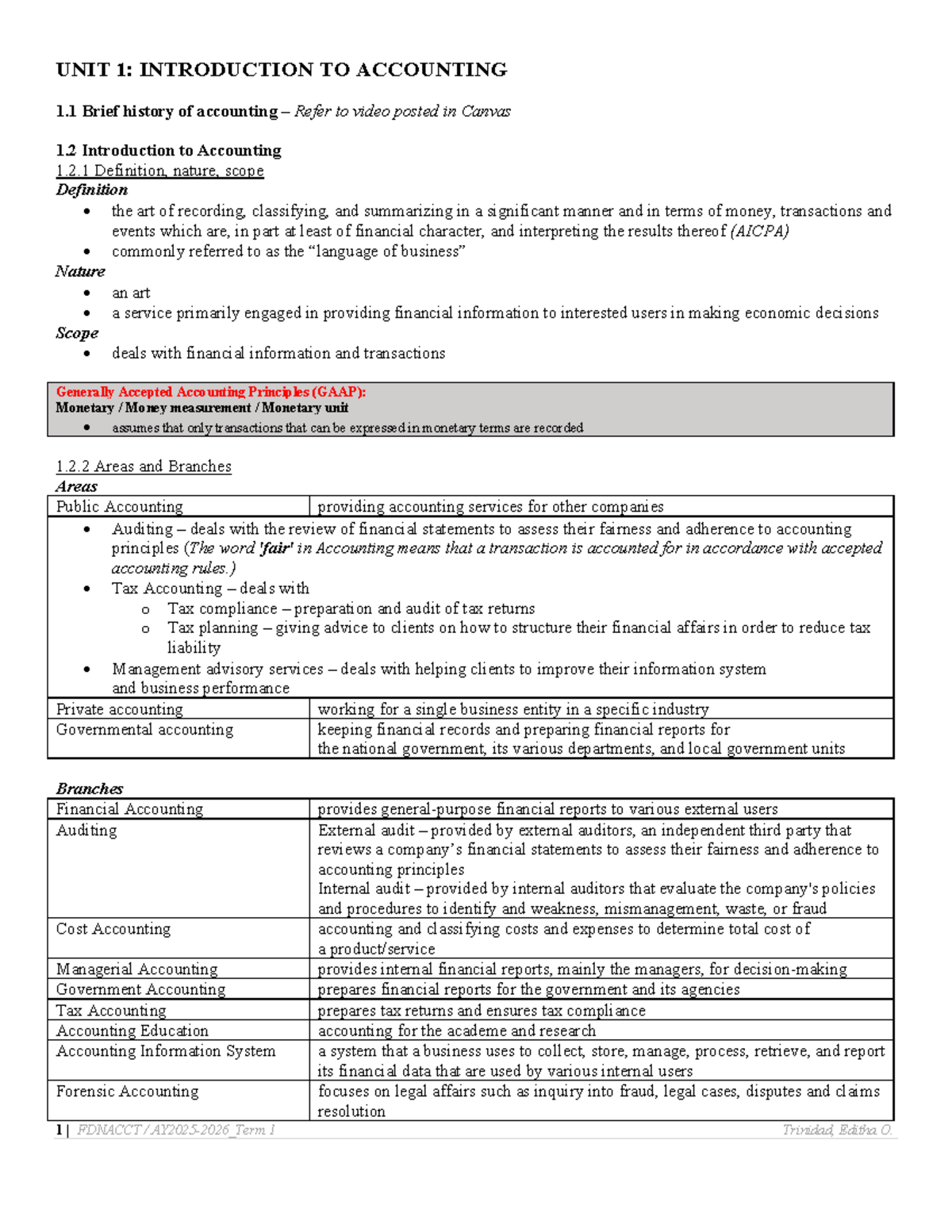 FDNACCT 1: Unit 1 Study Guide on Introduction to Accounting - Studocu