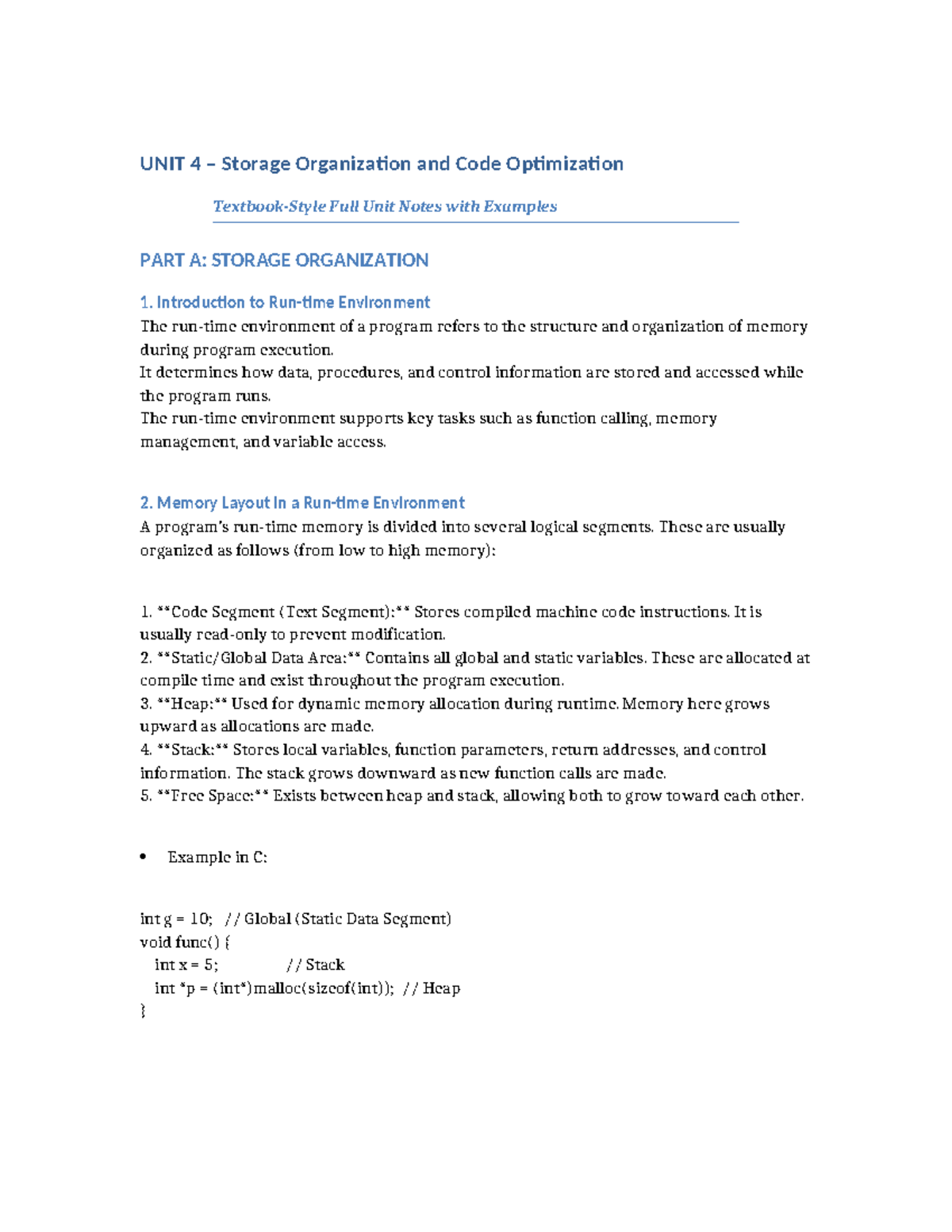 Compiler Design (CS101) Unit 4: Storage Organization & Code ...