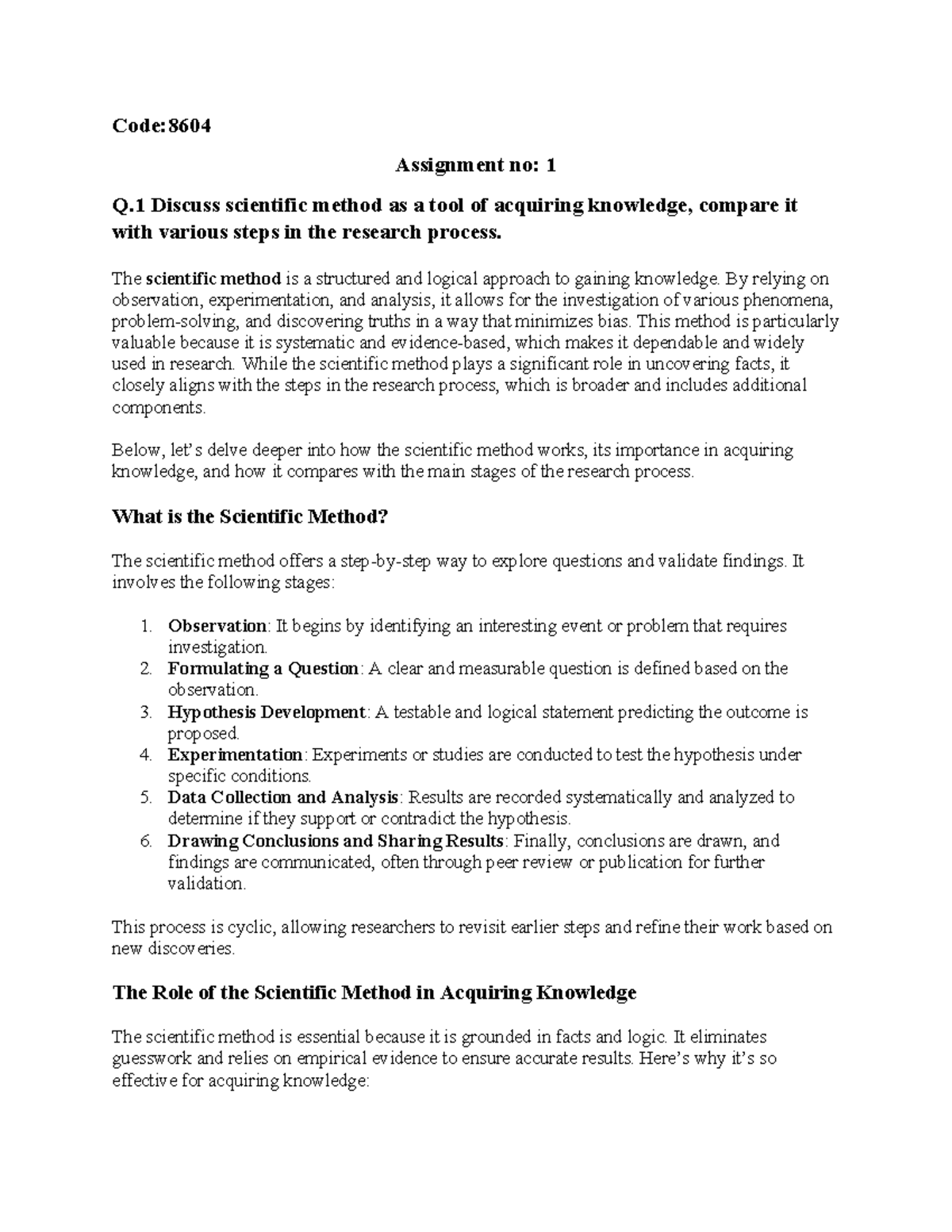 Code: 8604 Assignment 1 - The Scientific Method vs. Research Process ...