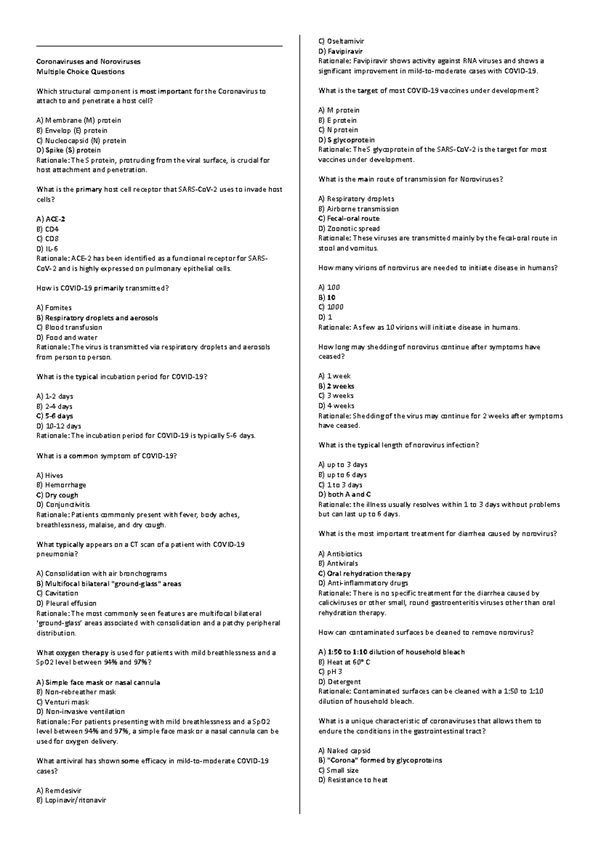Coronaviruses and Noroviruses MCQ Study Guide (Course Code: NA TOSAFASF) - Studocu