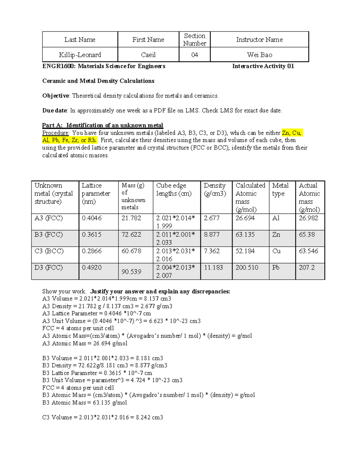 ENGR1600: A01 Metal and Ceramic Density Calculations F2024 - Studocu