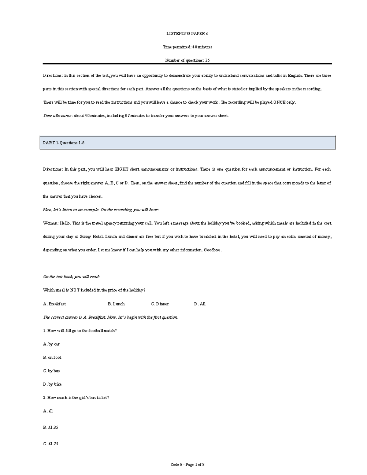 VSTEP Listening 3.5 Test 6: Practice Paper and Answers - Studocu