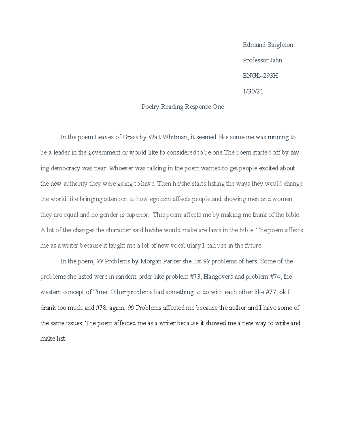 ENGL-293H: Poetry Reading Response #1 - Analysis of Whitman & Parker ...