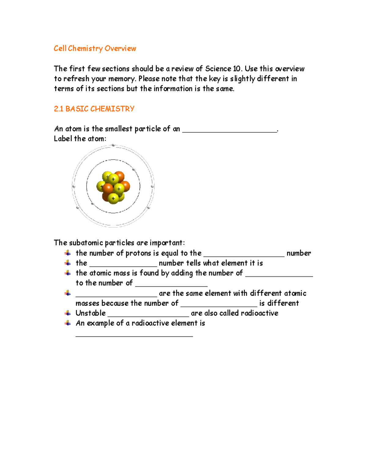Cell Chemistry Overview - Science 10 Review - Studocu