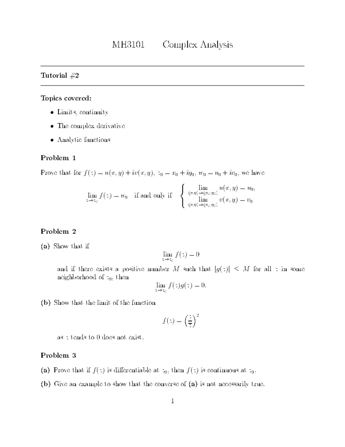 MH3101 Complex Analysis Tutorial 2: Limits and Derivatives - Studocu