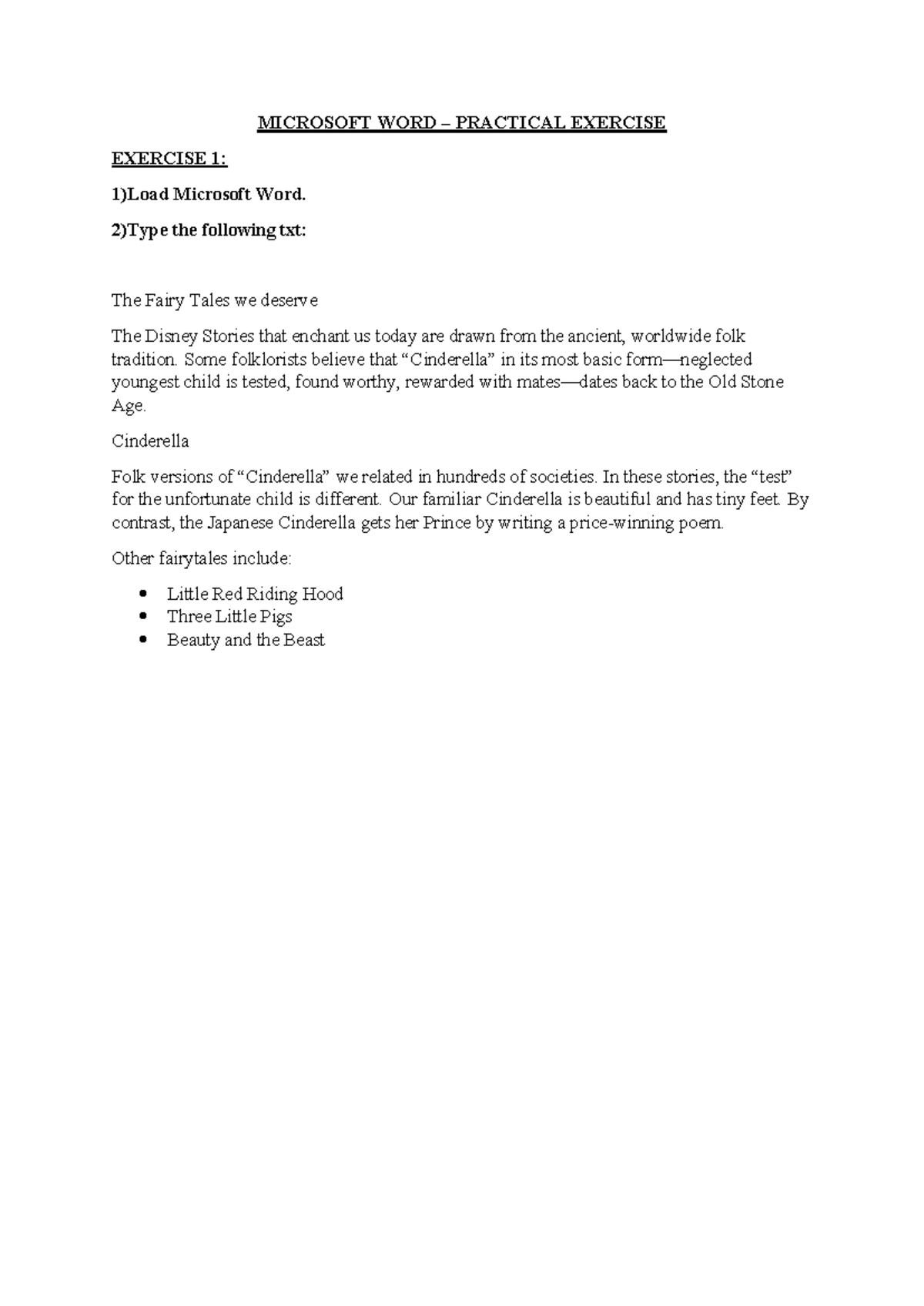 MICROSOFT WORD PRACTICAL EXERCISE 1: Fairy Tales Analysis - Studocu
