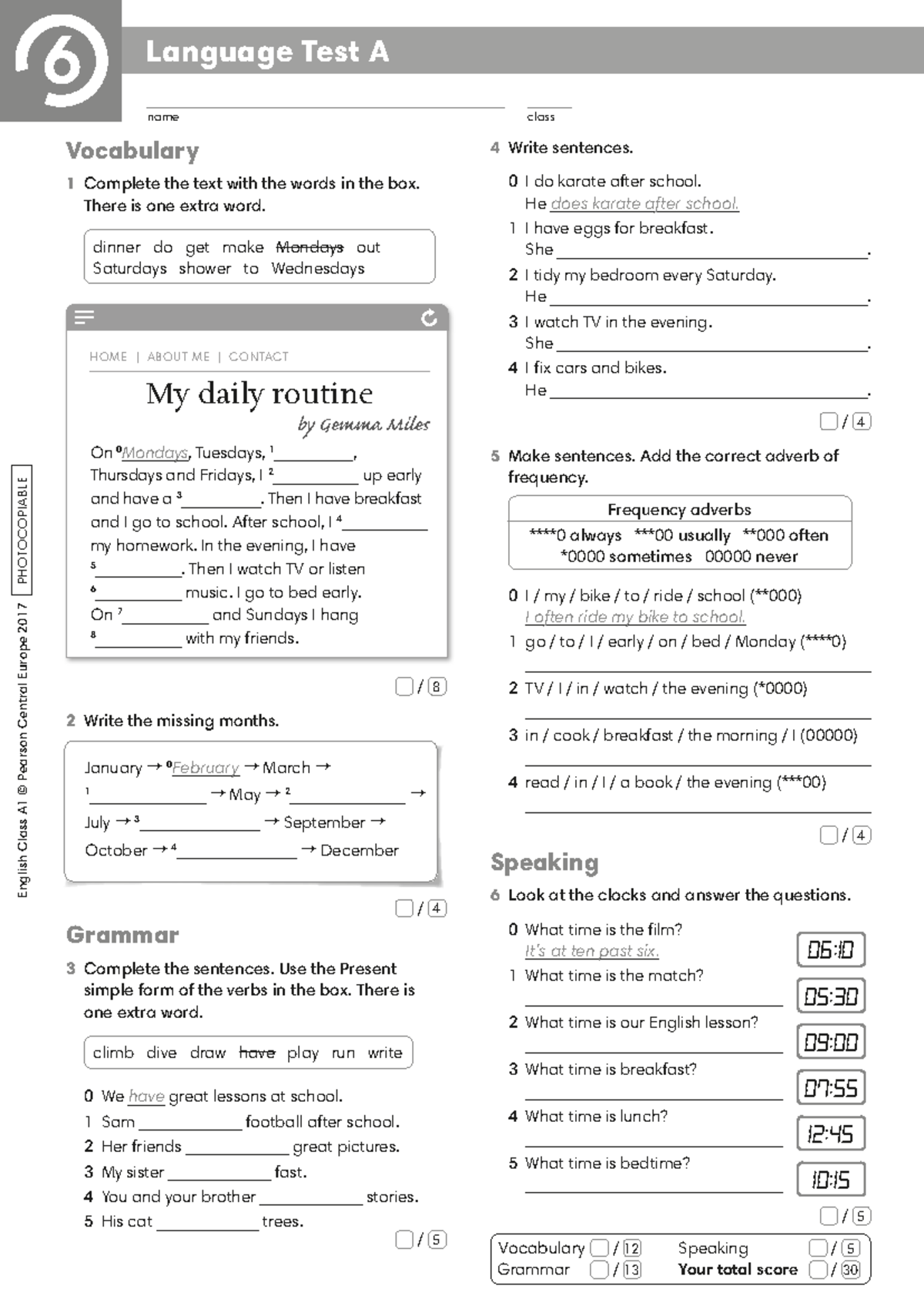 11. ECA1 Tests Language Test 6A - English Class A1 © Pearson Central ...