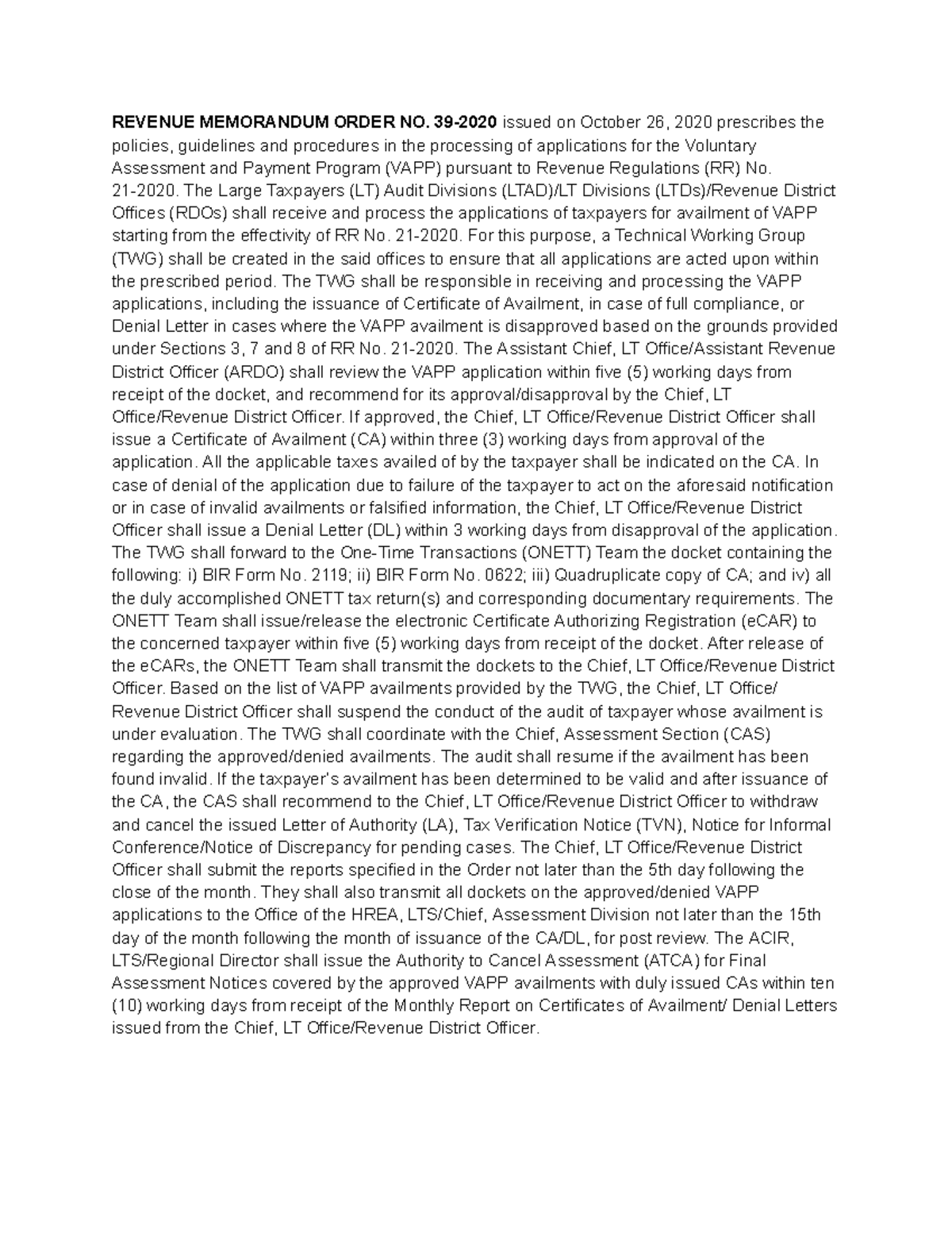 Digest of Revenue Memorandum Order No. 39-2020 on VAPP Policies - Studocu