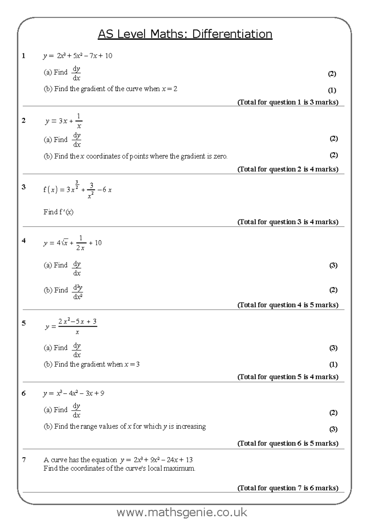 AS Level Maths: Differentiation Questions and Solutions - Studocu