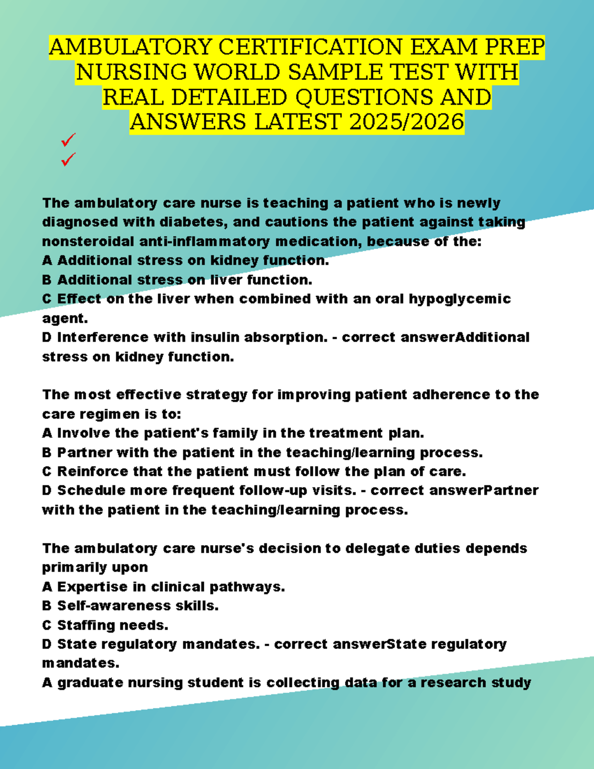 AMBULATORY CERTIFICATION EXAM PREP: SAMPLE TEST & ANSWERS - Studocu