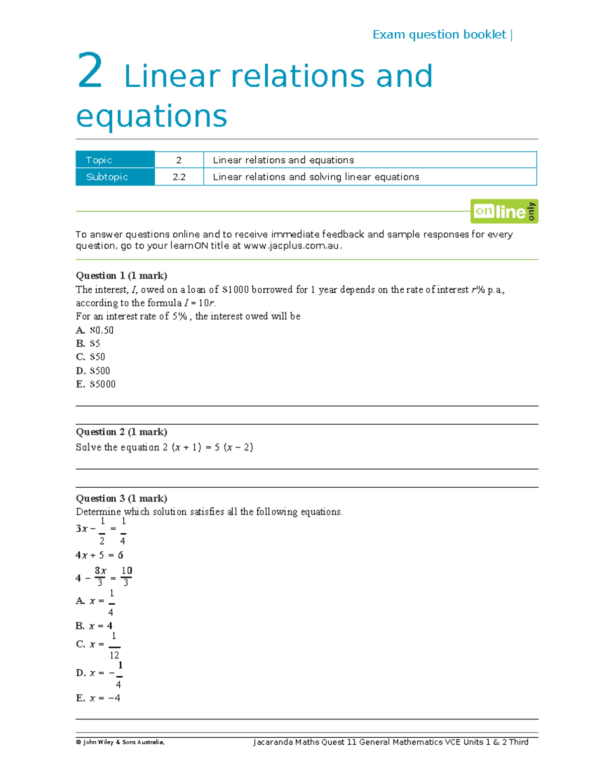 Linear Equations Revision: Exam Question Booklet VCE Units 1-2 - Studocu