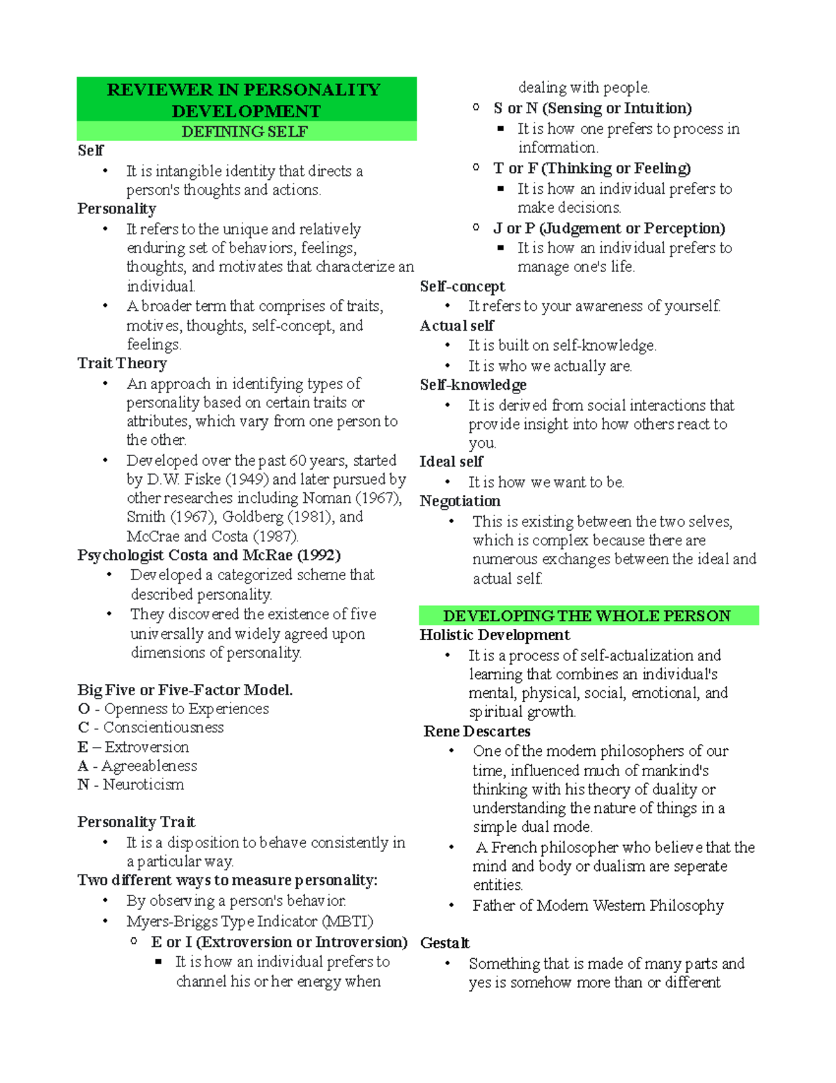 Perdev 101: Comprehensive Reviewer on Personality Development - Studocu