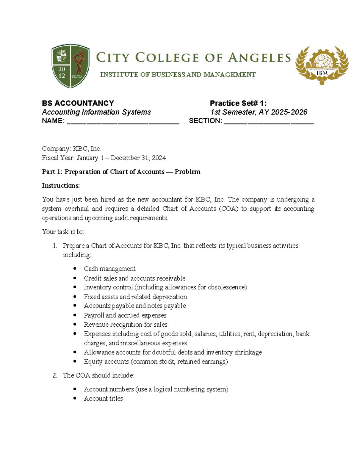 Practice Set - BS Accountancy: Chart of Accounts & Audit Prep - Studocu