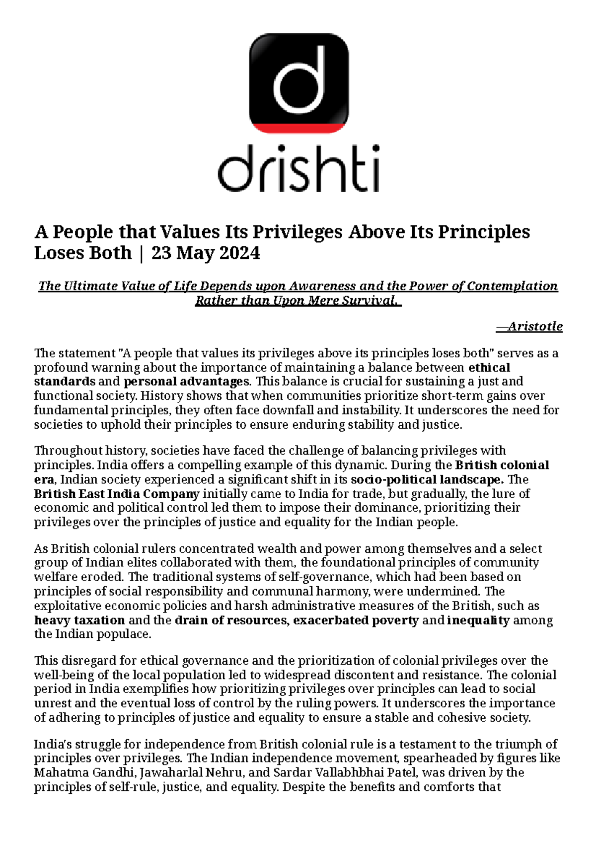 Drishtiias - Essay on 'Privileges vs Principles' in India - Studocu