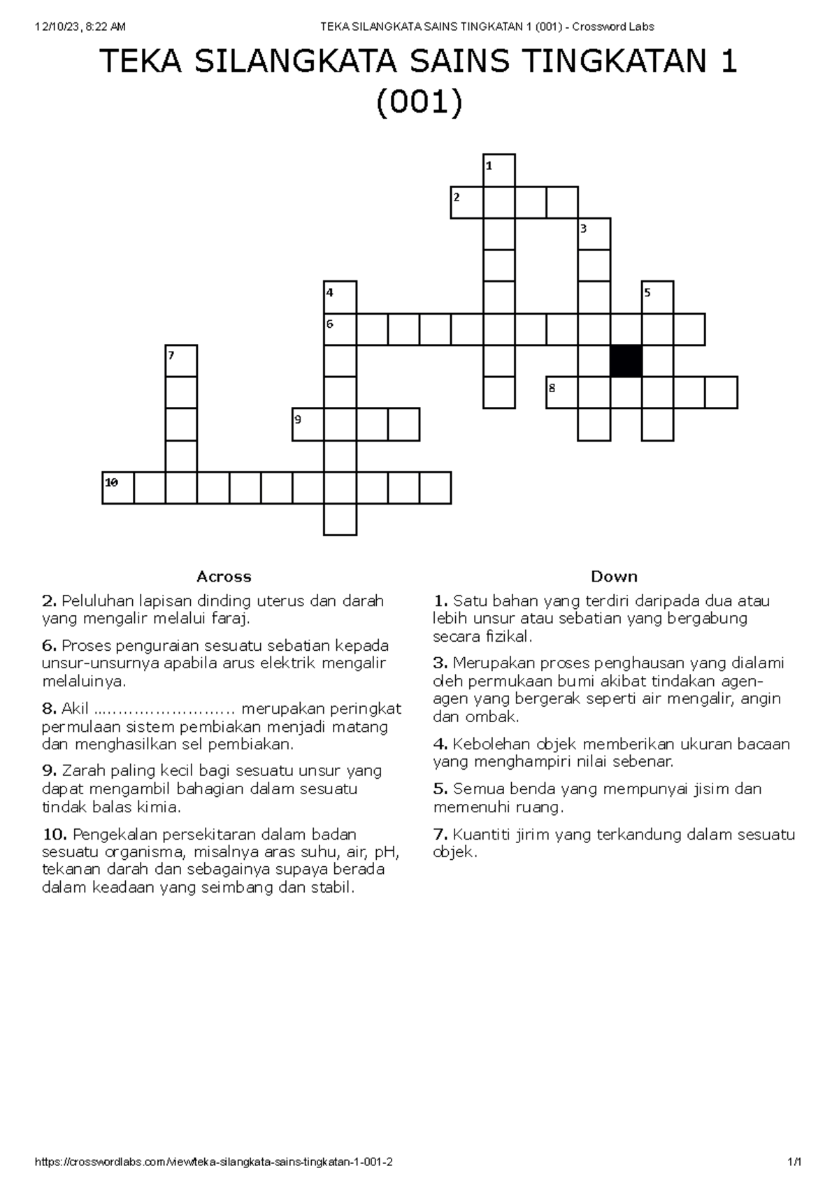 TEKA Silangkata Sains Tingkatan 1 (001) - Crossword Puzzle Guide - Studocu