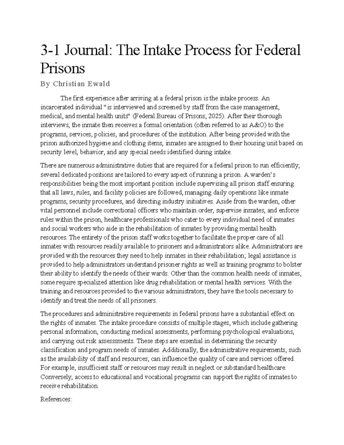 Journal: The Intake Process for Federal Prisons (3-1) - Studocu