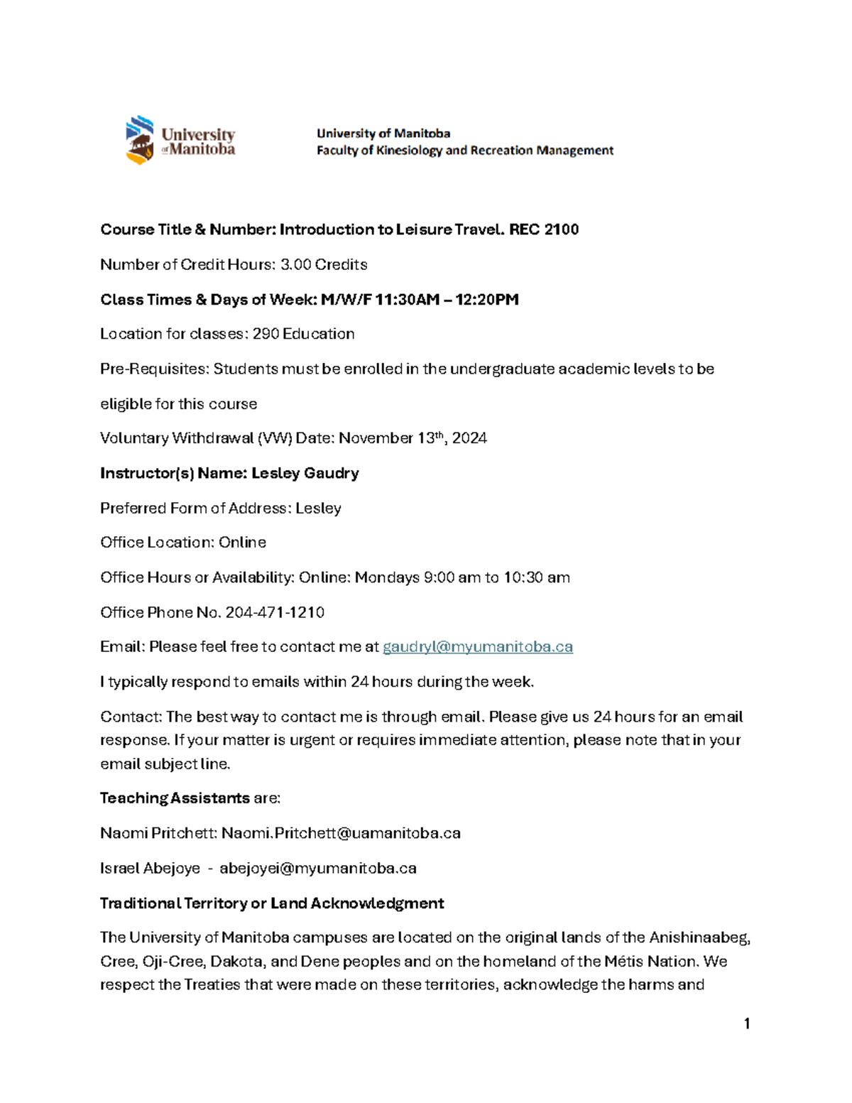 REC 2100 Syllabus - Introduction to Leisure Travel for Fall 2024 - Studocu