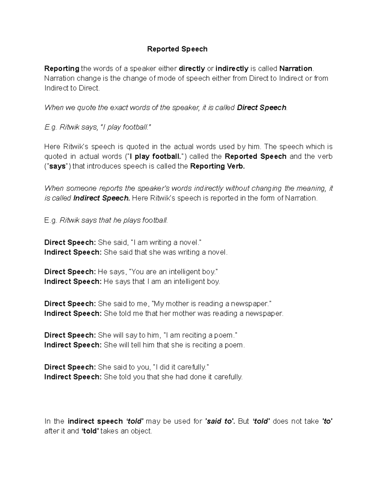 ENG 101: Reported Speech Summary Notes and Key Examples - Studocu