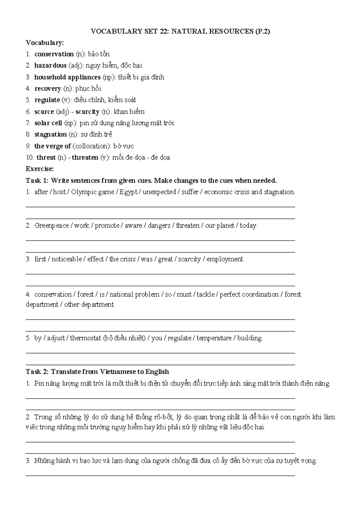 Vocabulary Set 22: Natural Resources - Key Terms & Exercises - Studocu