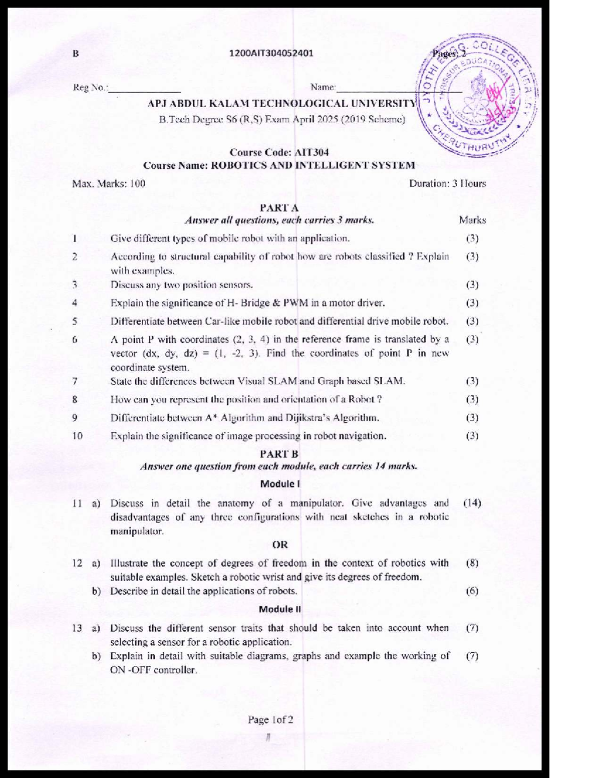 AIT304 B.Tech S6 Robotics & Intelligent Systems Exam April 2025 - Studocu