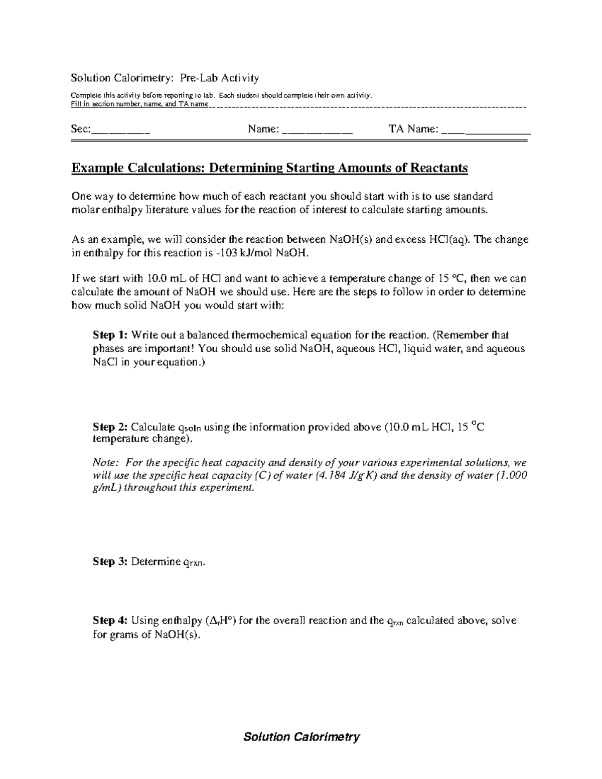 05 Solution Calorimetry Pre-Lab - Each student should complete their ...