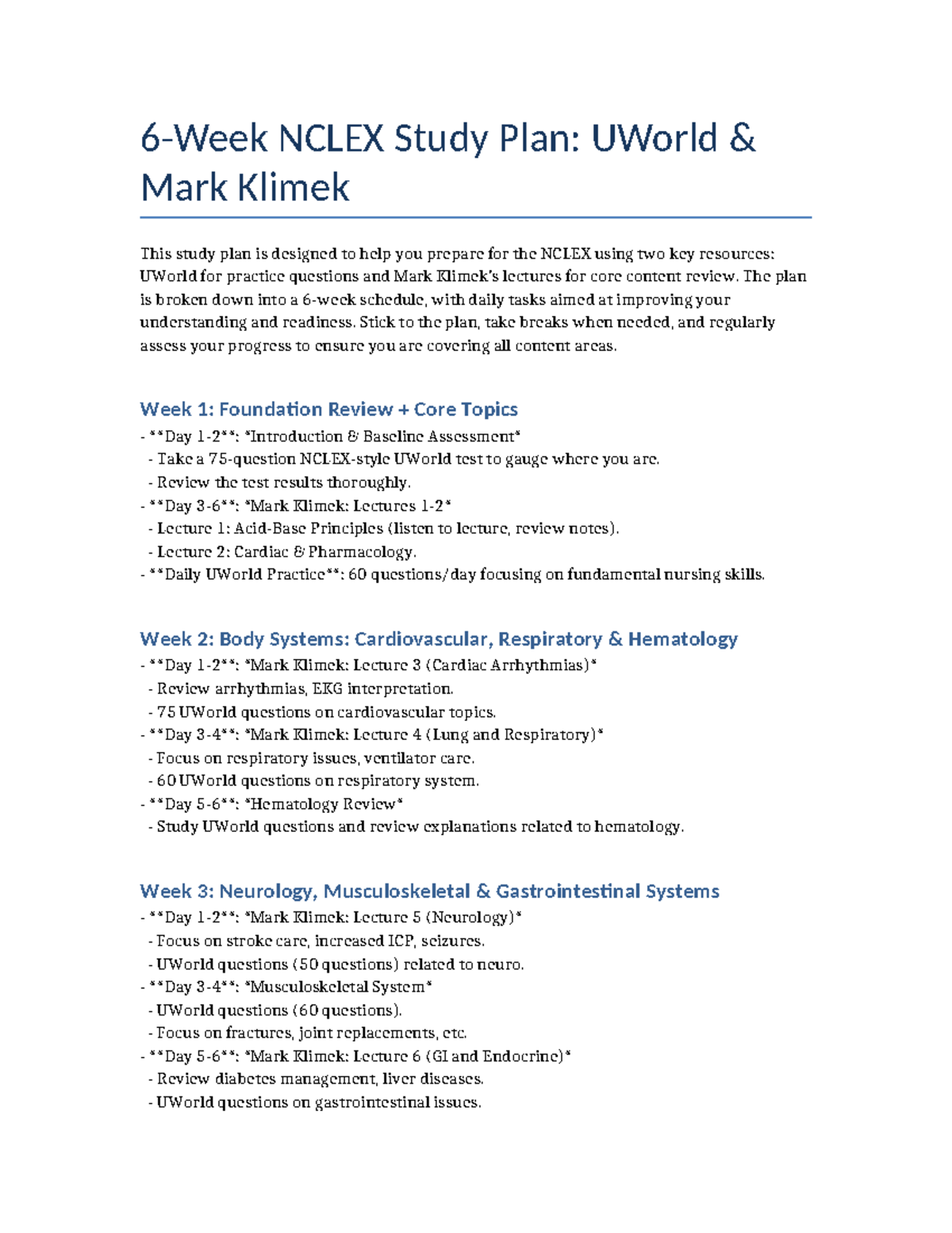 NCLEX 6-Week Study Plan: Strategies with UWorld & Mark Klimek - Studocu
