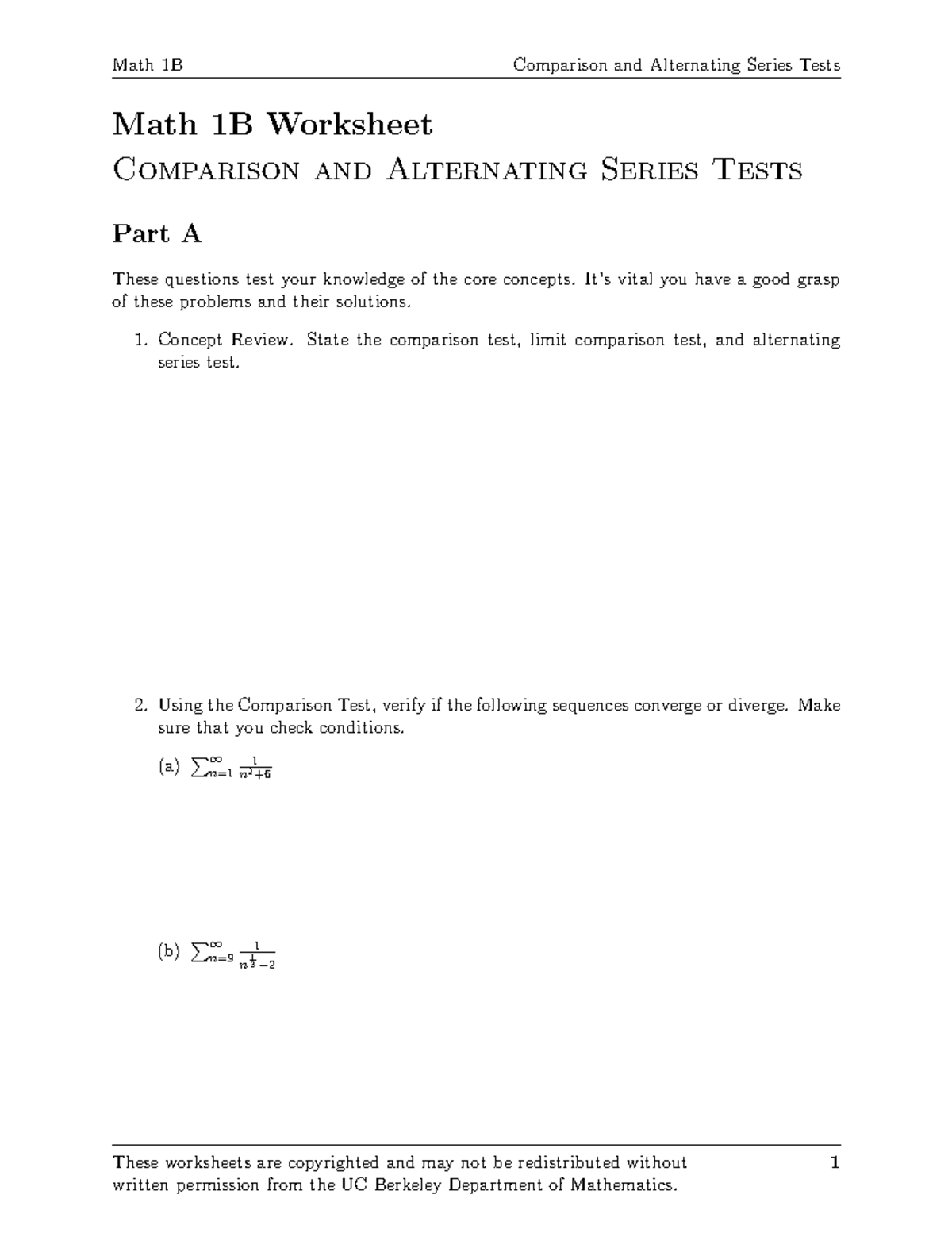 Math 1B Worksheet: Comparison & Alternating Series Tests - Studocu