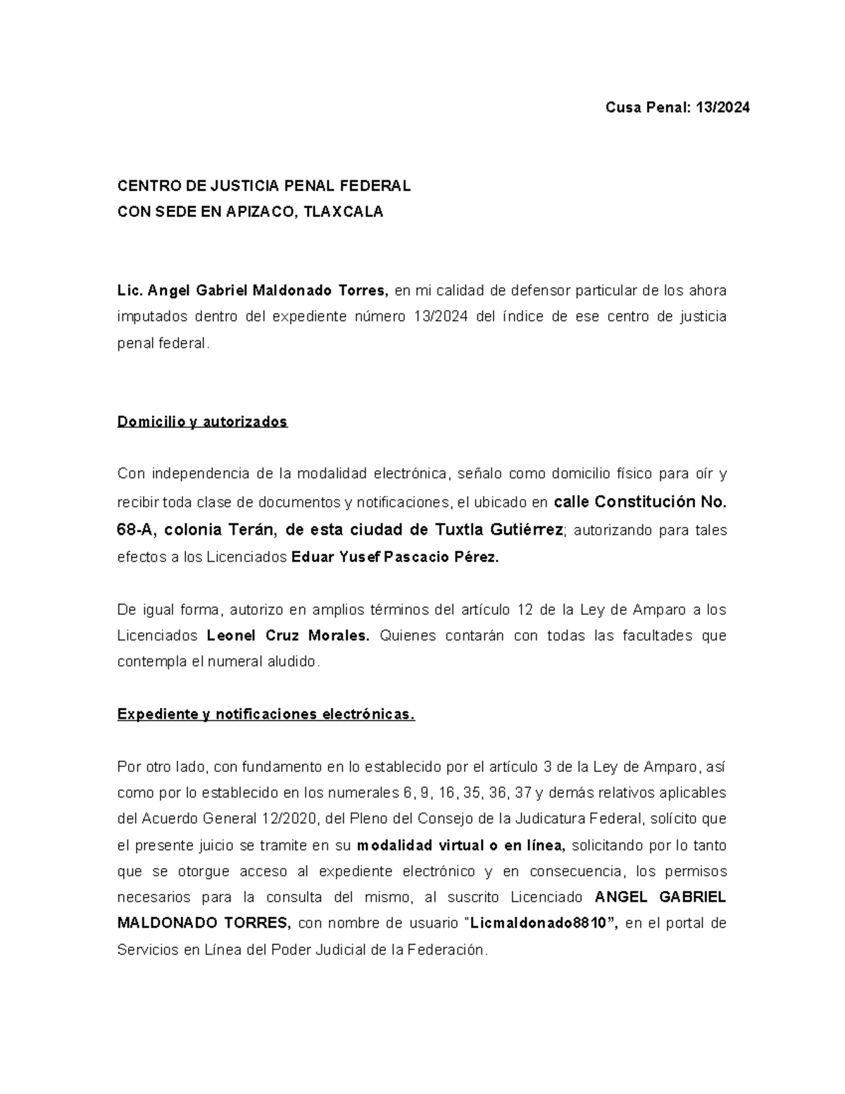 Angel Amparo Expediente Electronico - Cusa Penal: 13/ CENTRO DE ...