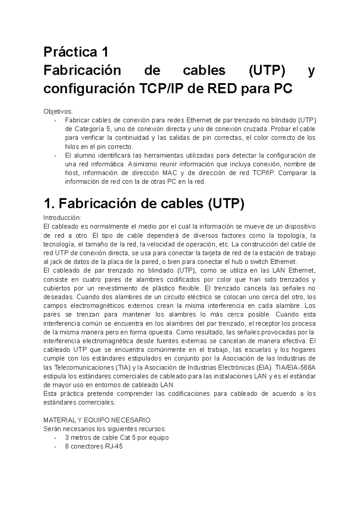 Práctica 1: Fabricación de Cables UTP y Configuración de Red ...
